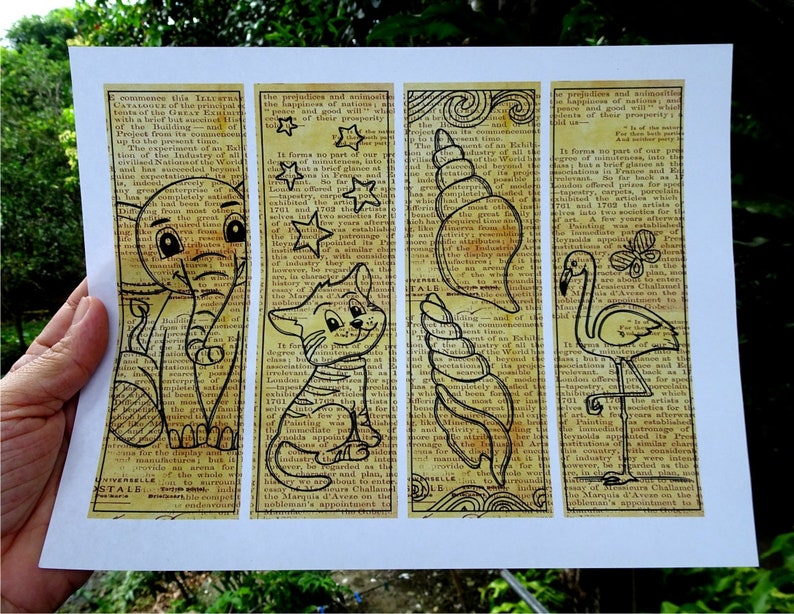 Printing Bookmarks Cute Doodles Old Newspaper DIY Vintage Kitty Sheep ...