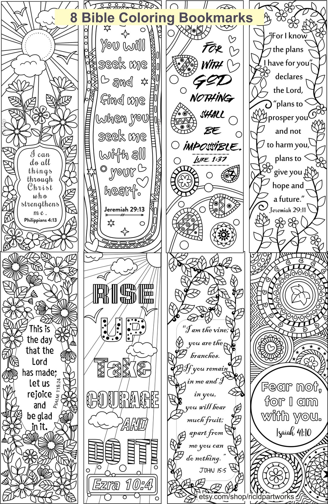 Coloring Bookmarks Inspiring Bible Verses Luke 1 37 john 15 jeremiah 29 ...