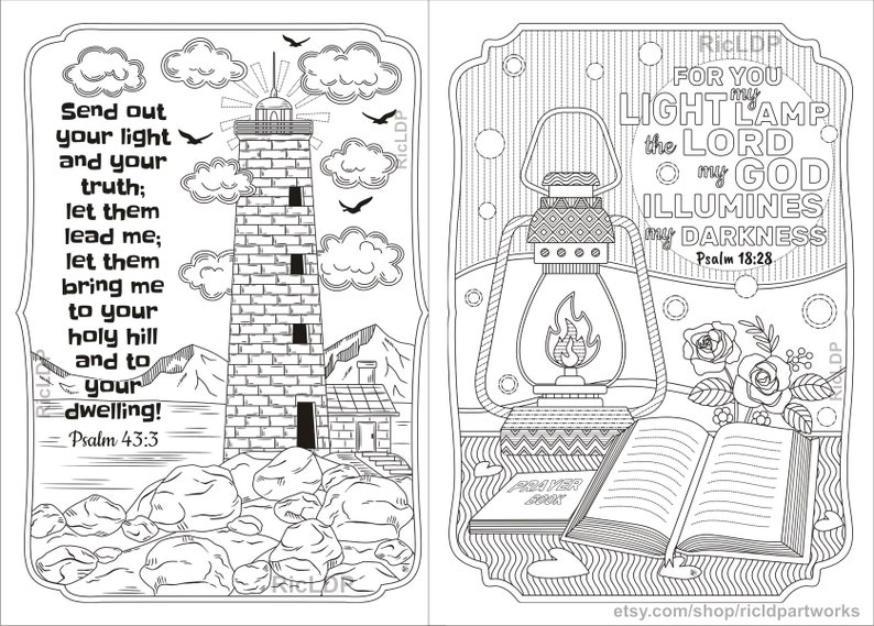 Lighthouse & Lamp Coloring Pages With Psalm Verses – Printable Faith ...