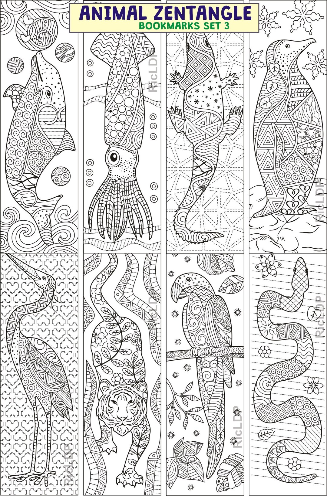 Animal Zentangle Coloring Bookmarks Heron Crocodile Snake Parrot ...