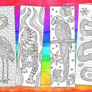 Animal Zentangle Coloring Bookmarks Heron Crocodile Snake Parrot ...
