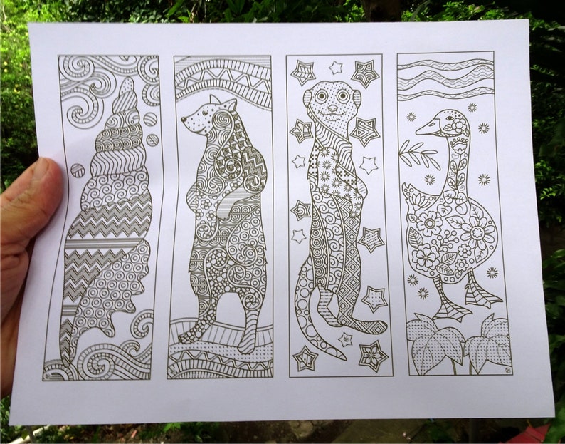Set of 8 Animal Zentangle Coloring Bookmarks Bear, Kangaroo, Meerkat ...
