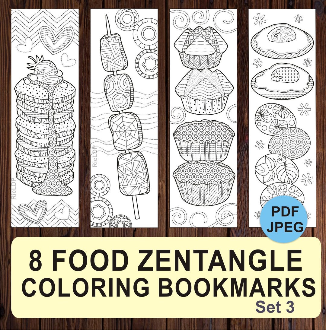 Set of 8 Printable Food Zentangle Coloring Bookmarks - DIY Food-themed ...