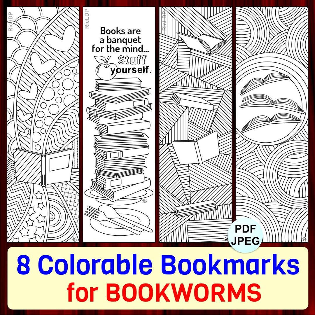 Set of 8 Coloring Bookmarks for Bookworms – Library Printable Art ...