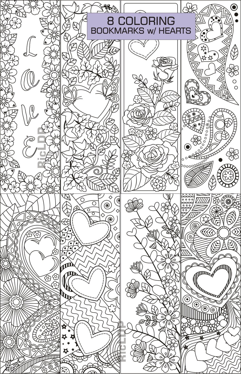 Heart Doodles Coloring Bookmarks Valentines Day Love Roses Paisleys ...