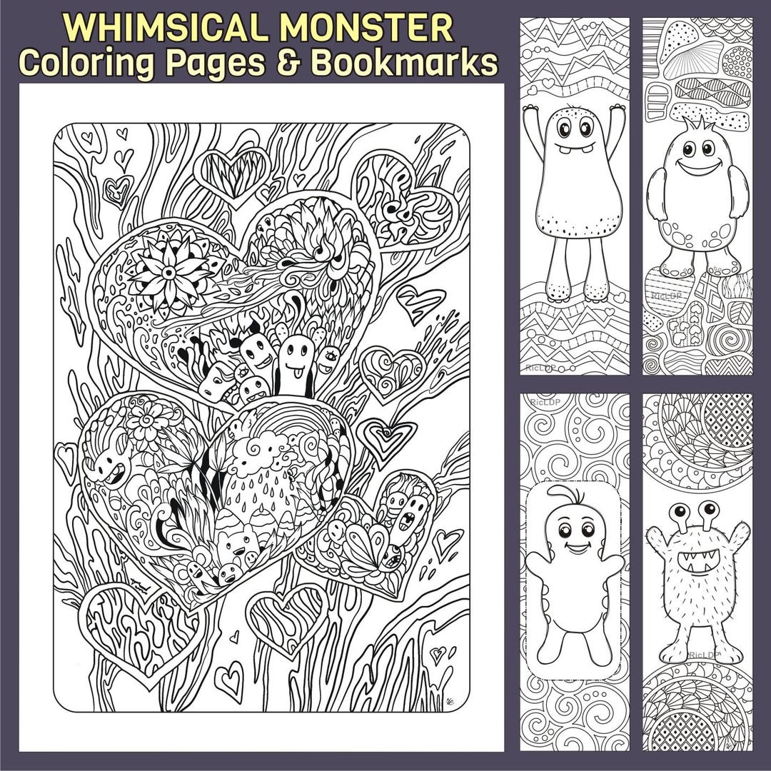 Whimsical Monster Coloring Pages and Bookmarks – Printable Zendoodle ...