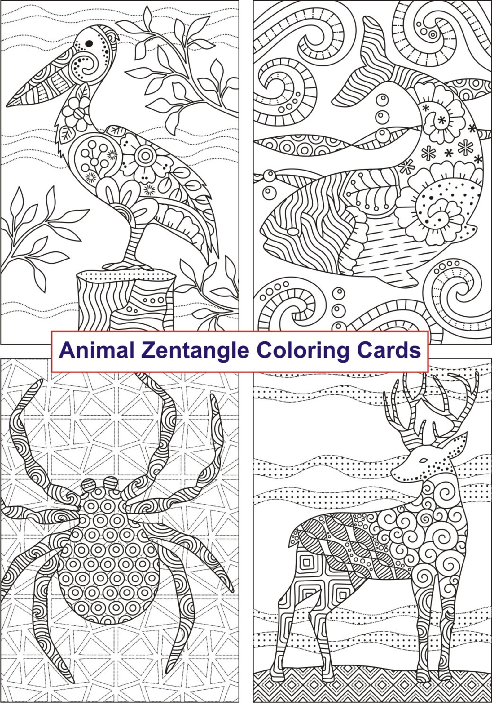 Zentangle Animal Coloring Cards: Mindful Art Prints (PDF & JPEG ...