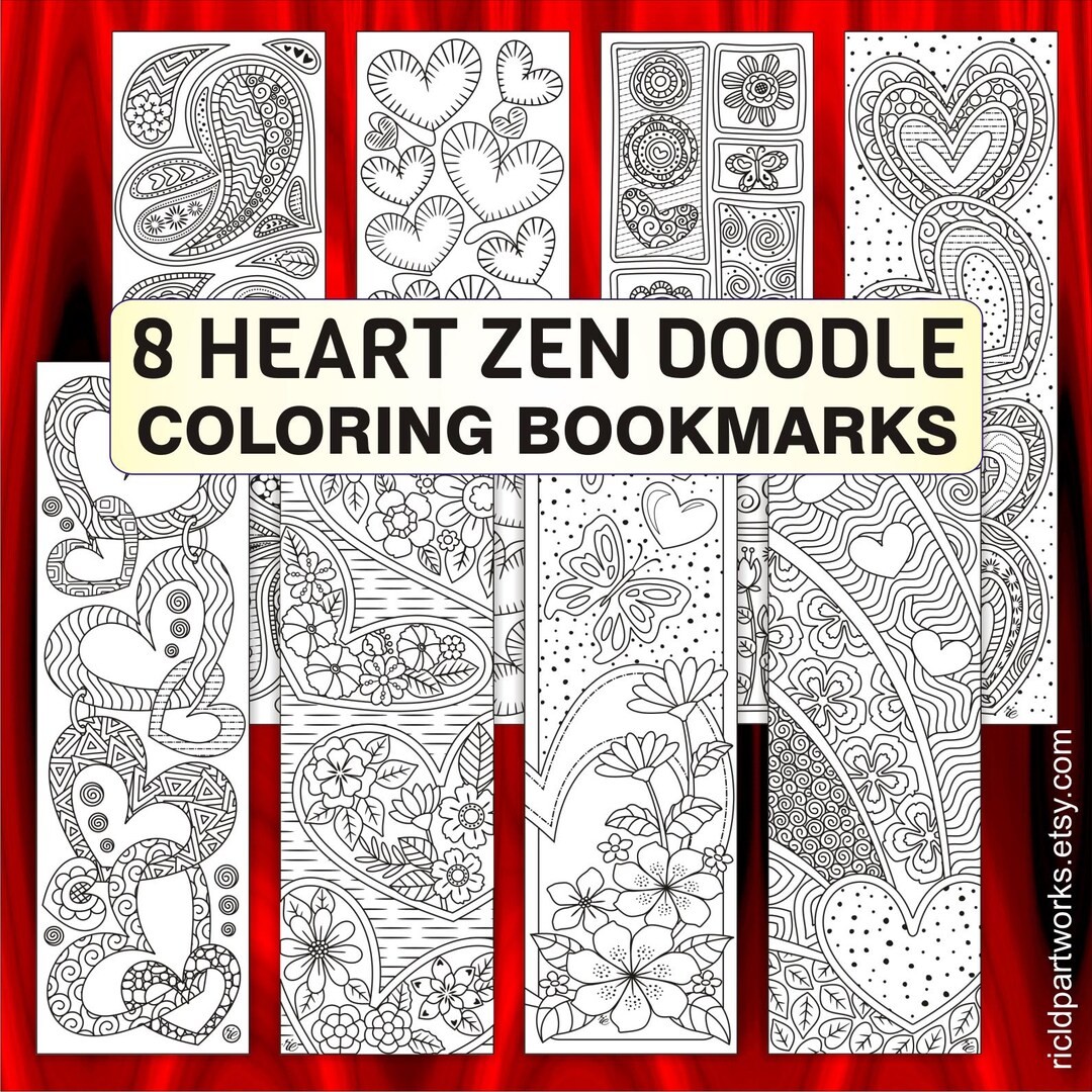 Heart Zen Doodle Coloring Bookmarks: Printable Valentines Art (PDF ...