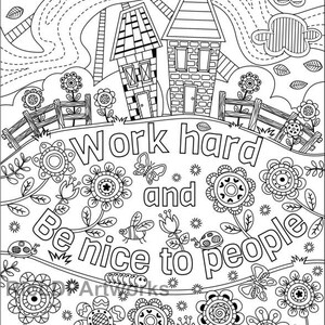Two Coloring Pages for Kids or Grown-ups. Work Hard & Be Nice - Etsy