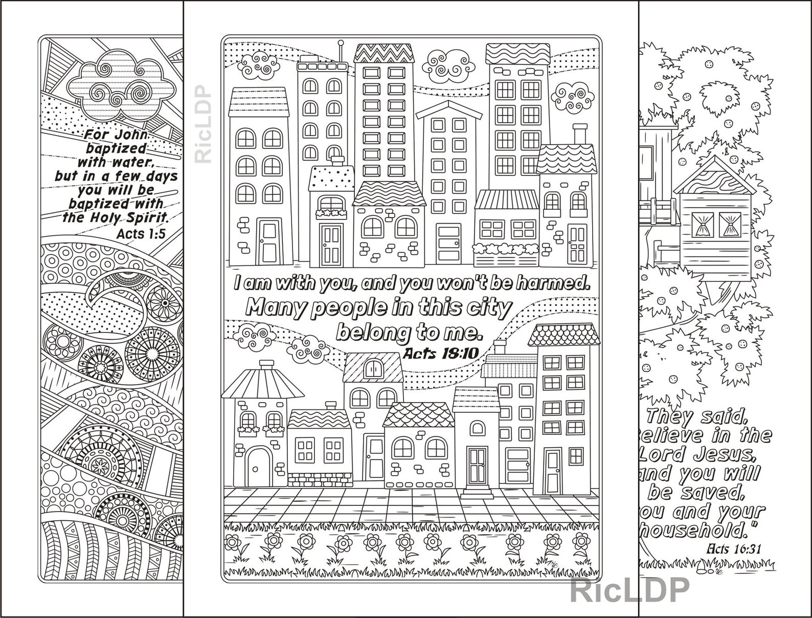 Three Bible Coloring Pages Acts 18 10 Acts 16 31 Acts 1 5 Tree House ...
