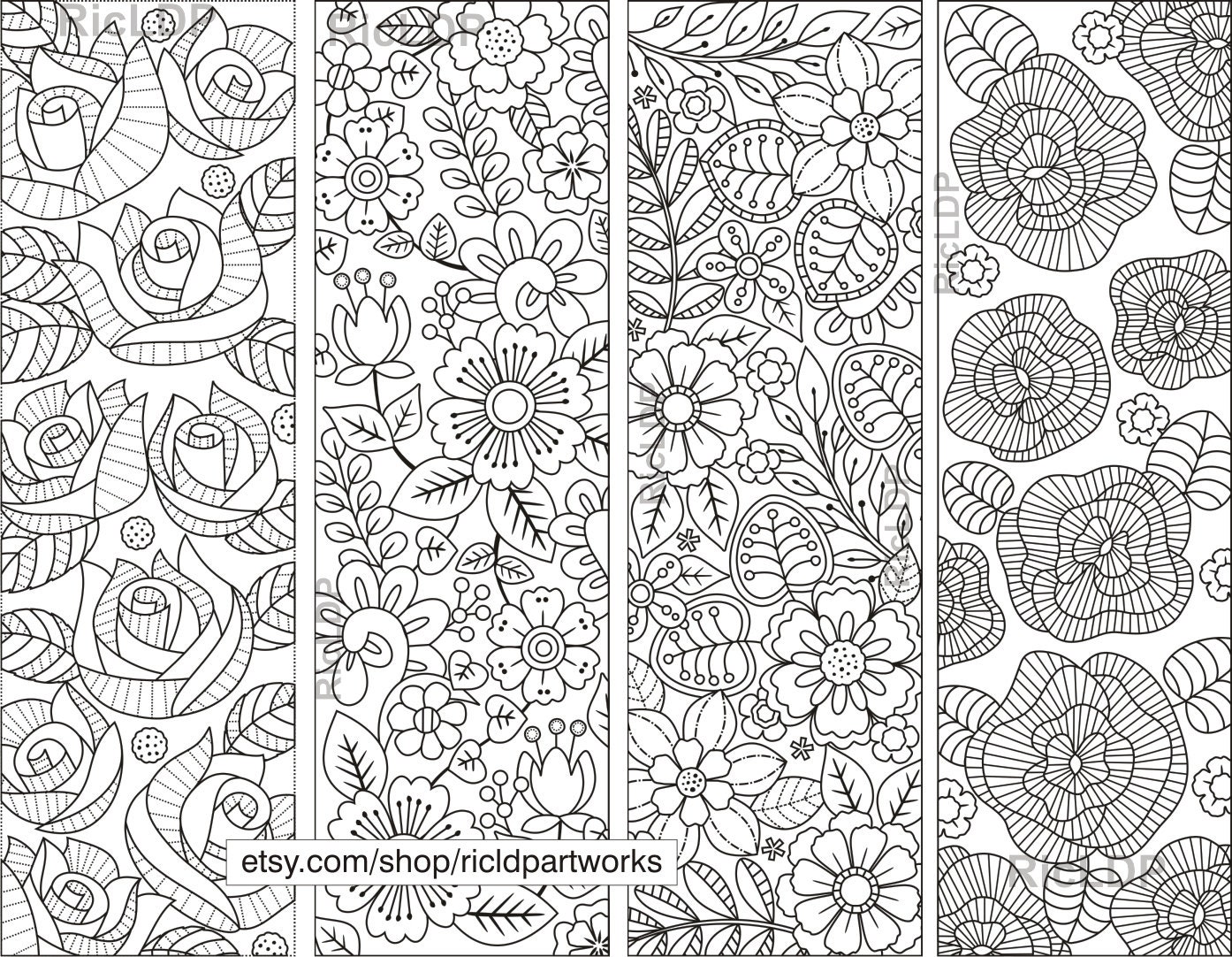 Flower Coloring Bookmarks: Zen Doodle Art, Printable Relaxation (PDF ...