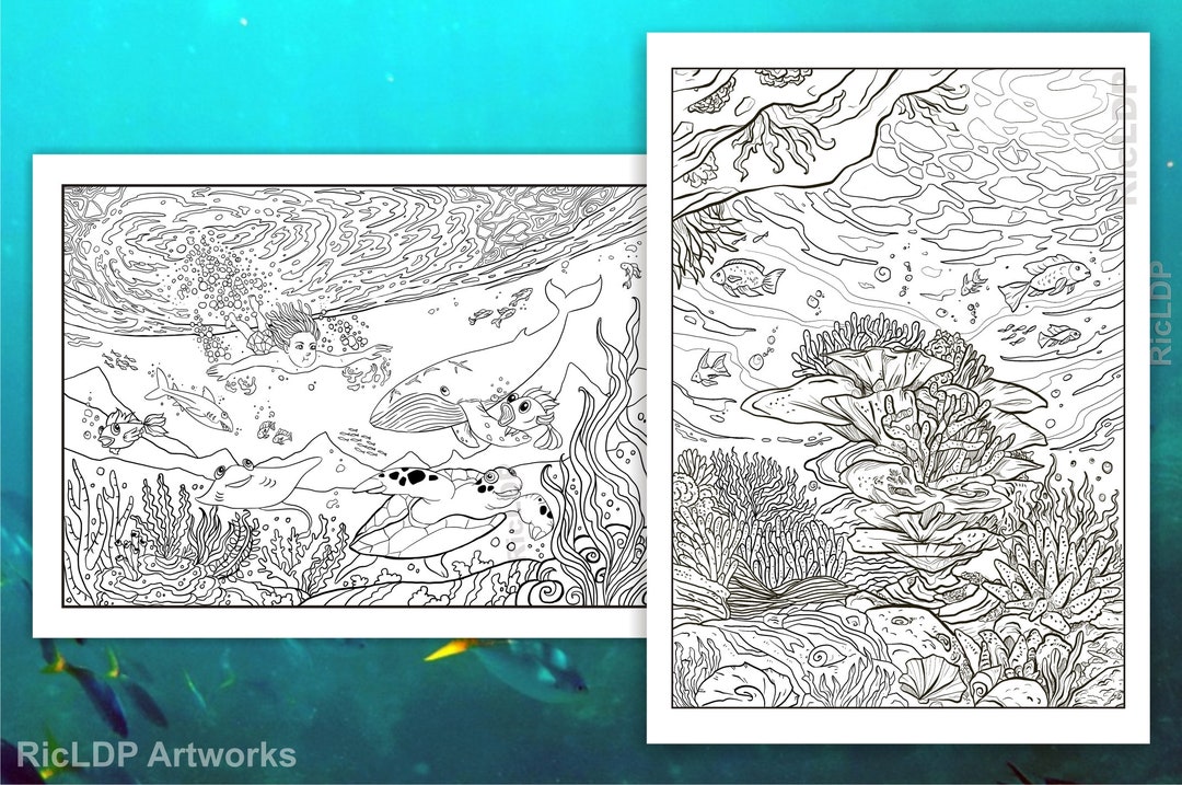 Two Printable Underwater Coloring Pages for Kids & Adults, Hand Drawn ...
