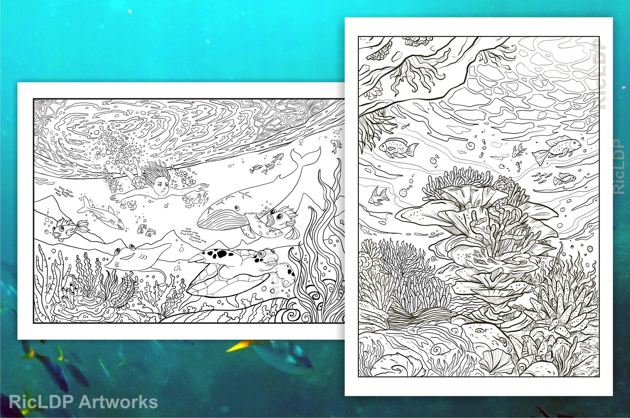 Two Under-the-sea Coloring Pages Hand Drawn Doodles Boy Swimming Whale ...