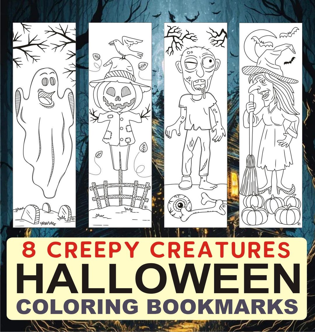 Printable Halloween Coloring Markers for Kids, Creepy Creature Bookmark ...