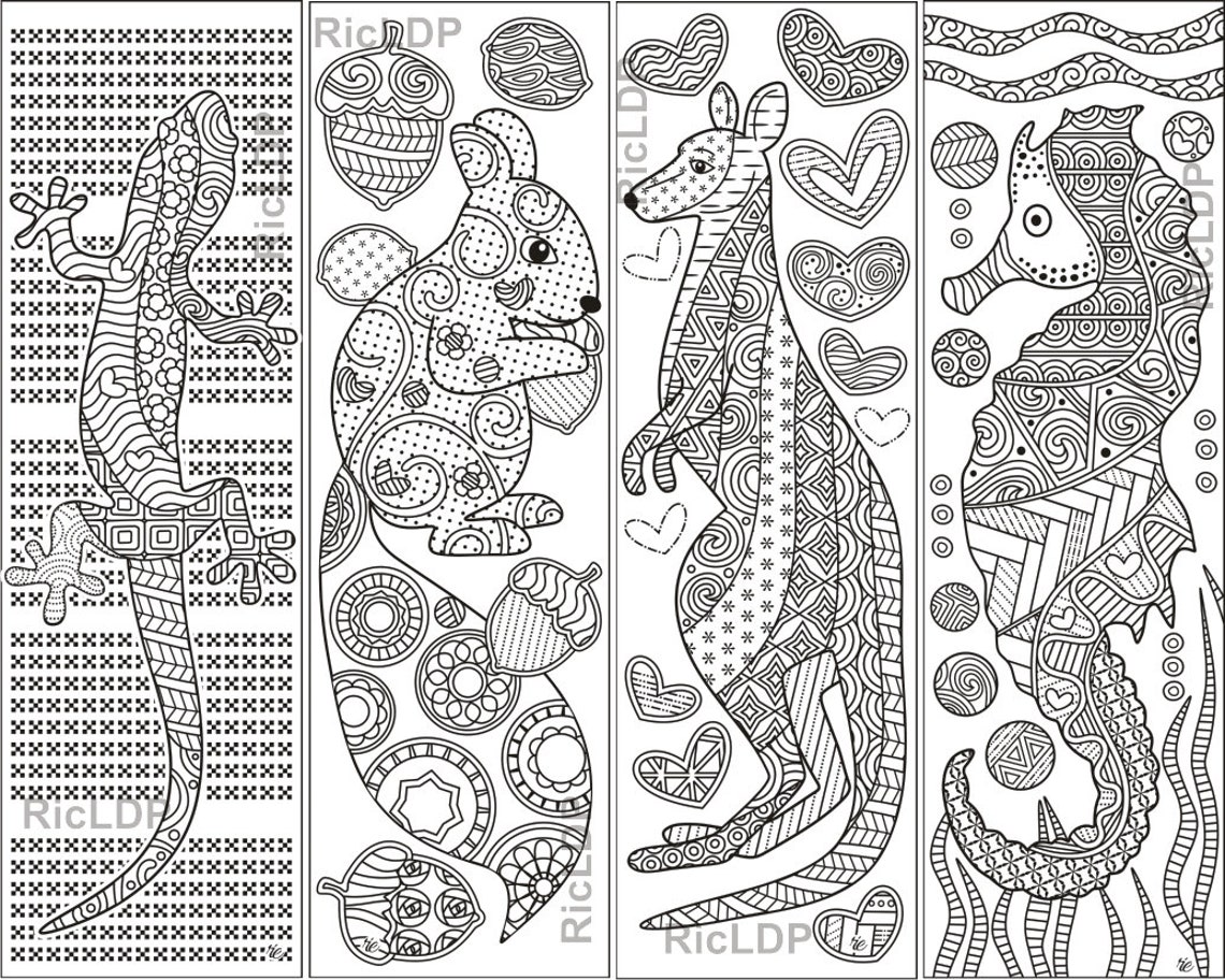 Set of 8 Animal Zentangle Coloring Bookmarks Bear, Kangaroo, Meerkat ...