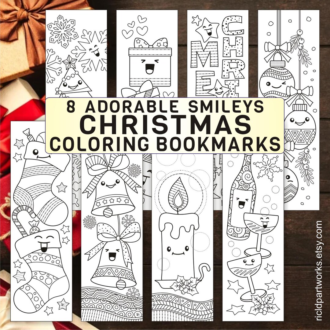 8 Christmas Coloring Bookmarks – Printable Kawaii Smiley Designs (PDF ...