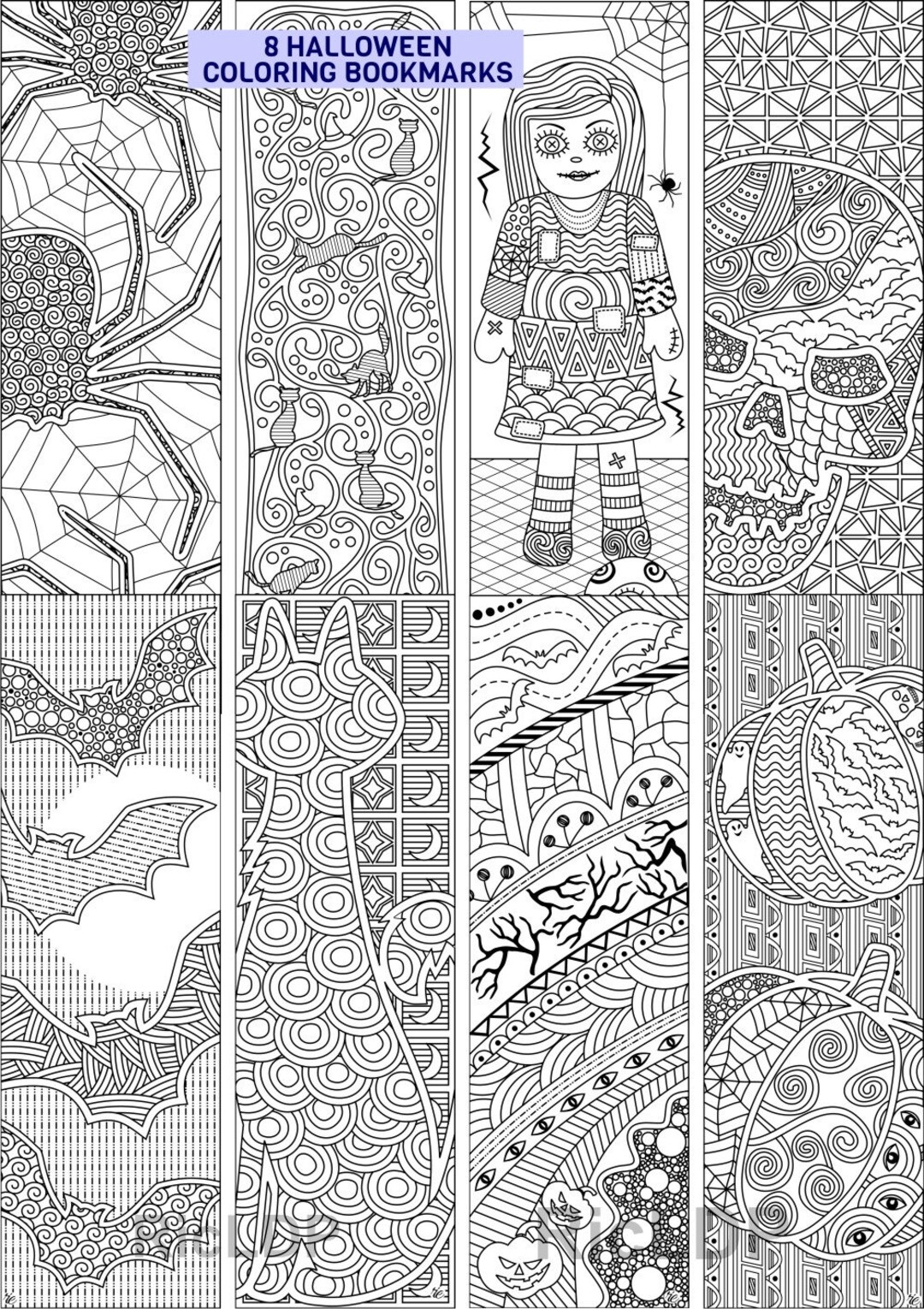 8 Halloween Coloring Bookmarks Creepy Abstract Design Markers Spooky ...