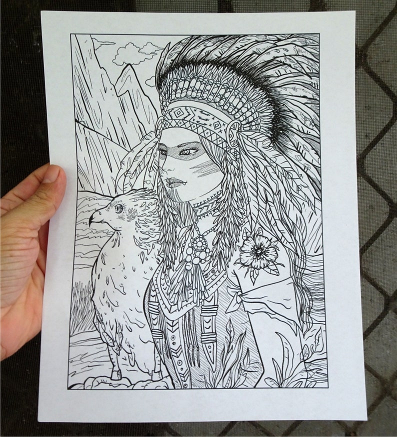 Indian Girl Coloring Page Warrior Princess Hand-drawn Zen Doodle Eagle ...