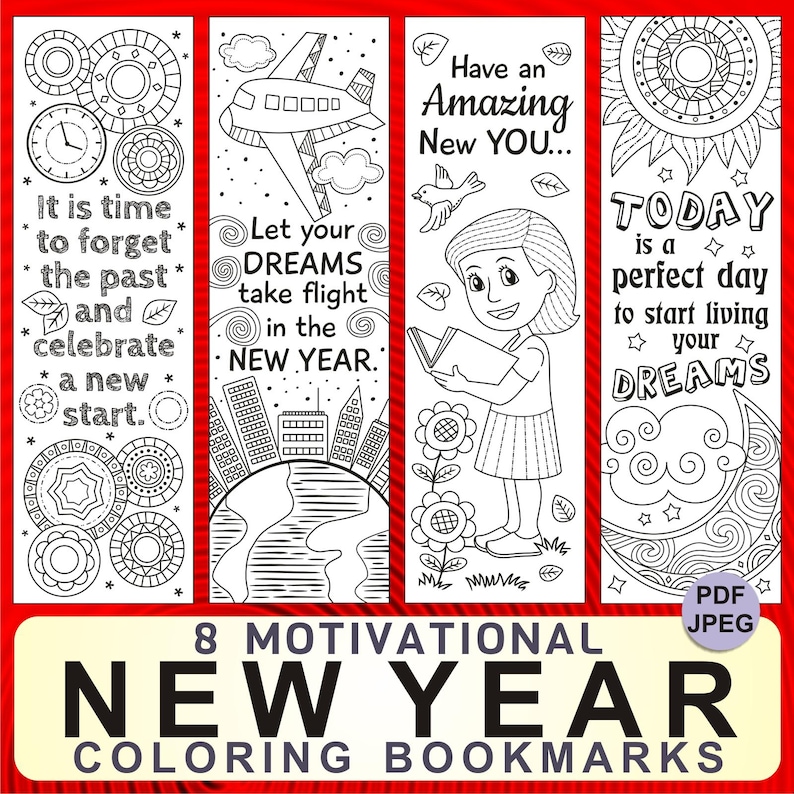 Set of 8 New Year Coloring Bookmarks for Kids and Adults – Printable ...