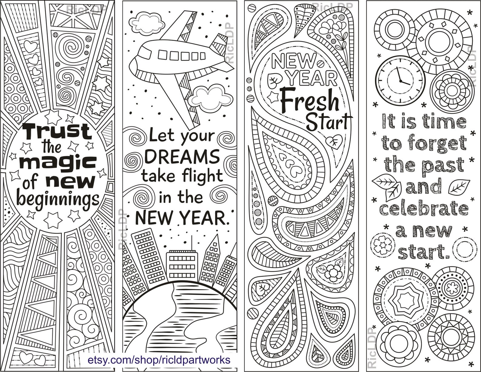 Set of 8 New Year Coloring Bookmarks New Year Phrases Fresh Start ...