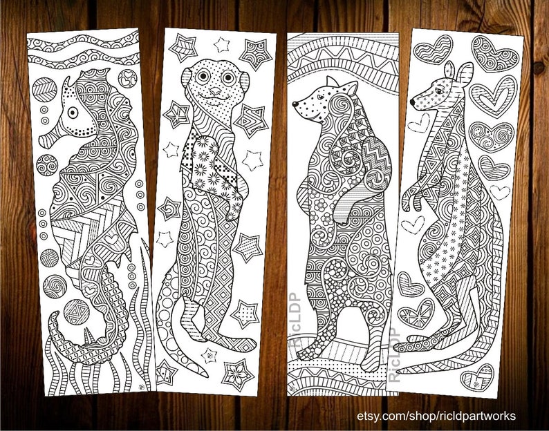 Set of 8 Animal Zentangle Coloring Bookmarks Bear, Kangaroo, Meerkat ...