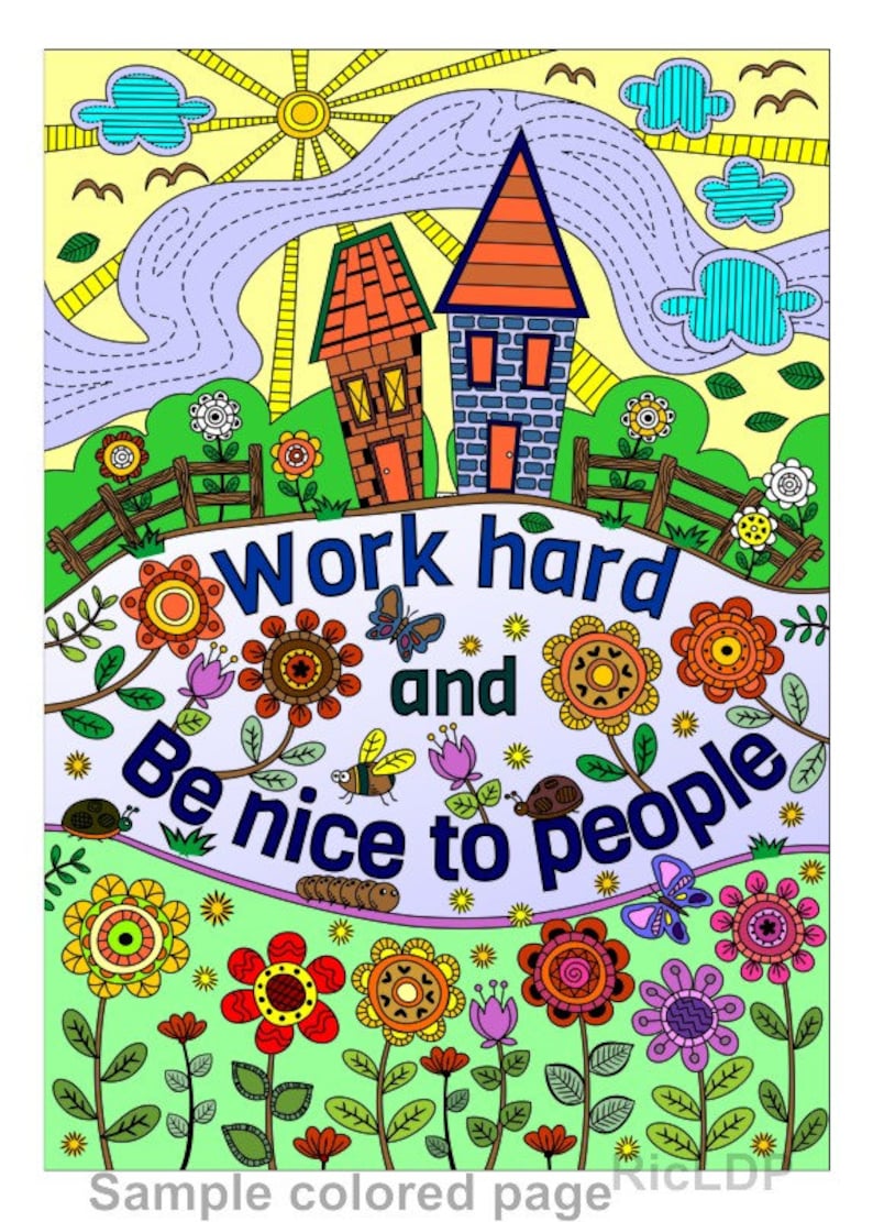 Two Coloring Pages for Kids or Grown-ups. Work Hard & Be Nice - Etsy