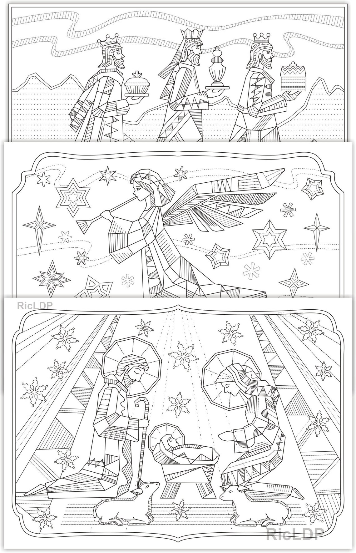 Set of 3 Christmas Zentangle Pages Nativity Drawing Angel - Etsy