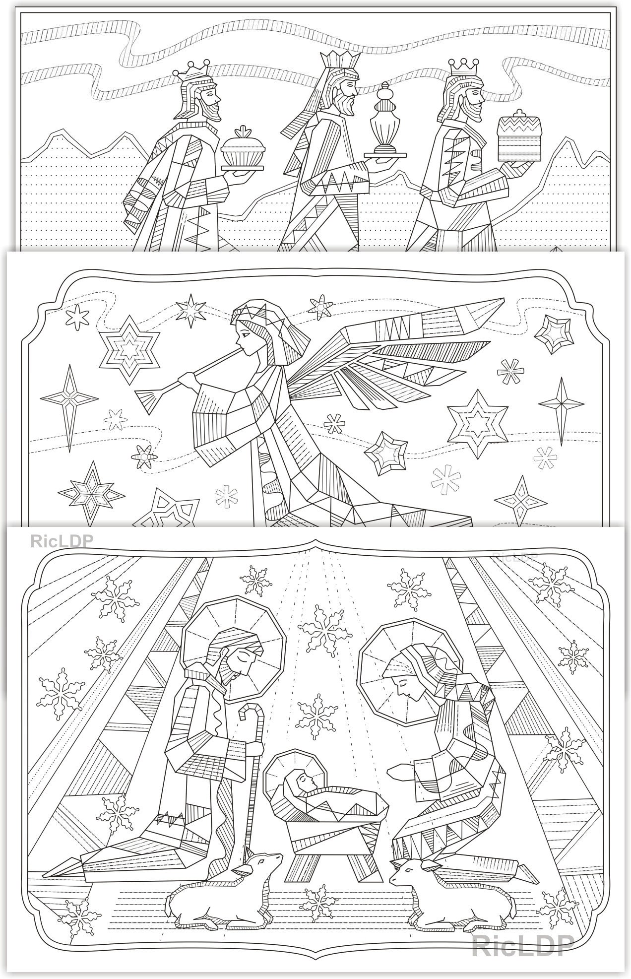 Set of 3 Christmas Zentangle Pages Nativity Drawing Angel With Trumpet ...
