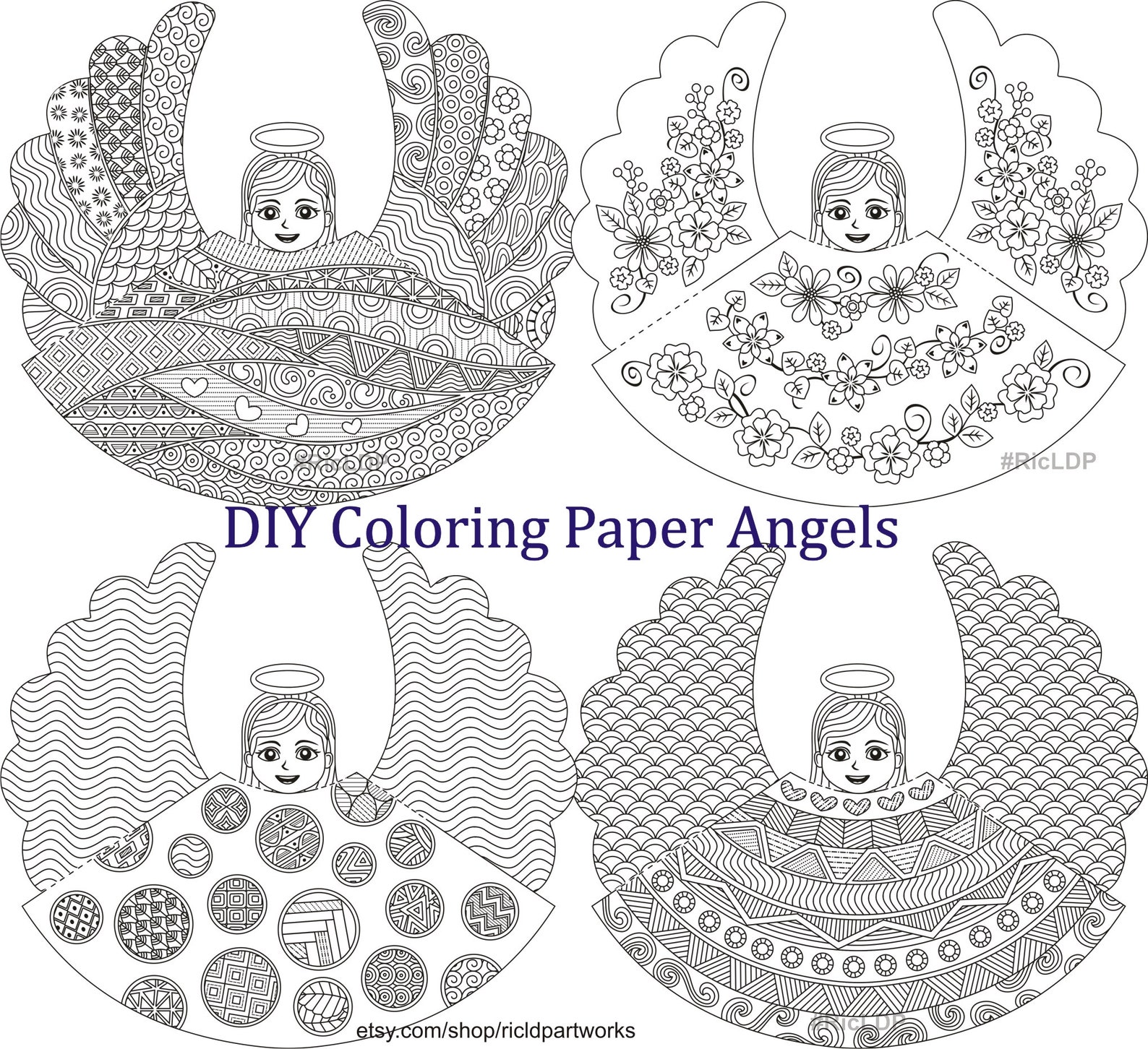 Set of 4 Coloring Paper Angels DIY Crafts Angel Decors for All ...