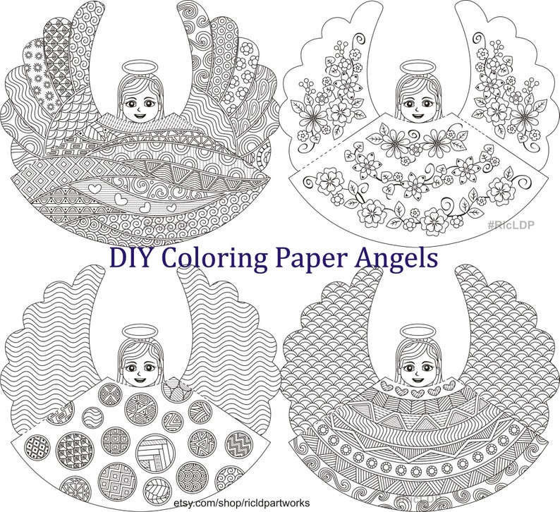 Set of 4 Coloring Paper Angels DIY Crafts Angel Decors for All ...