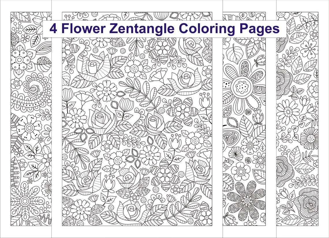 Four Flower Zentangle Coloring Pages Seamless Floral - Etsy