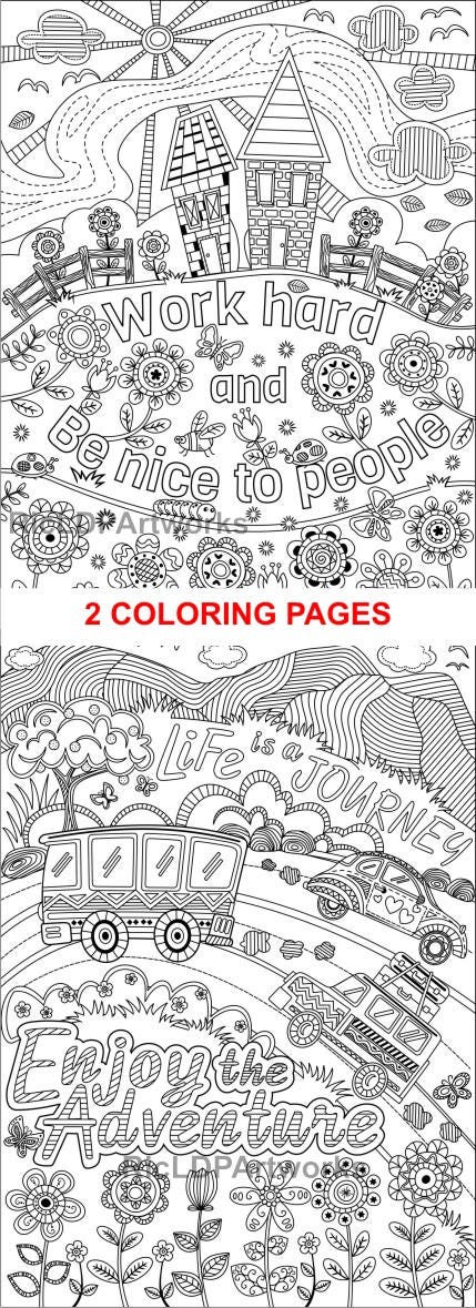 Two Coloring Pages for Kids or Grown-ups. Work Hard & Be Nice - Etsy