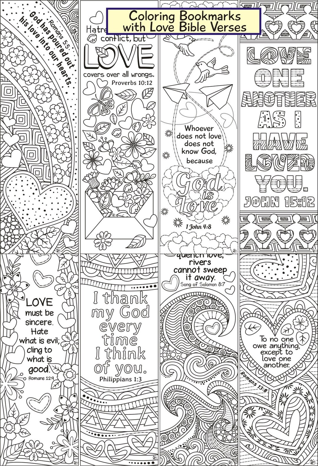 8 Coloring Bookmarks with Love Bible Verses Set 2 Markers with Heart ...