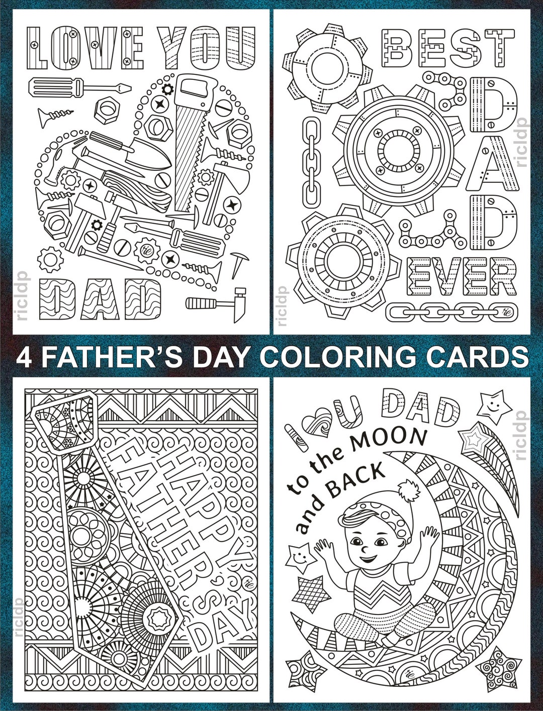 Coloring Cards Father's Day Greetings to Daddy DIY Tokens Best Dad Ever ...