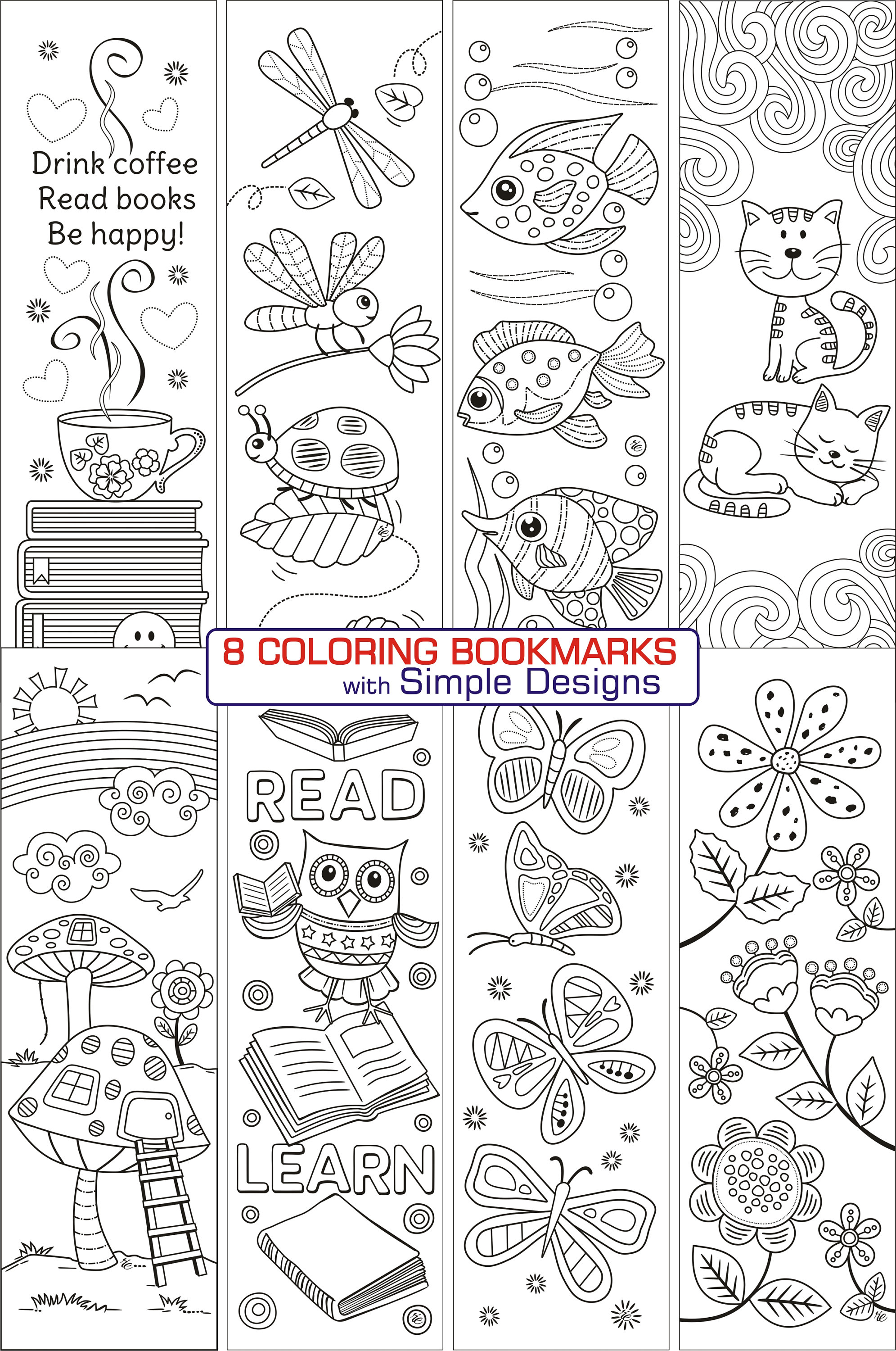 8 Coloring Bookmarks With Simple Designs Set 2 Cute Doodles Plain ...
