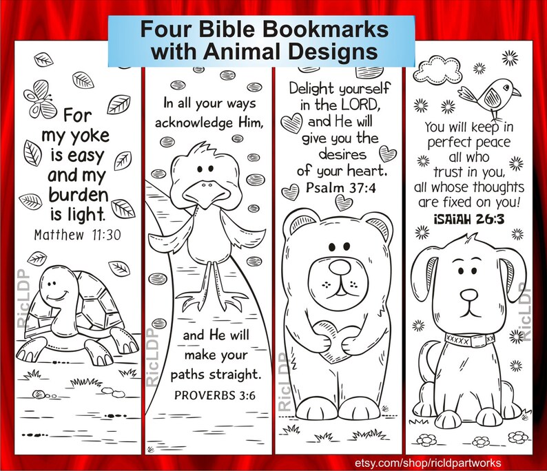 Animal Bible Verse Coloring Bookmarks for Kids - Printable Set of 4 - Etsy