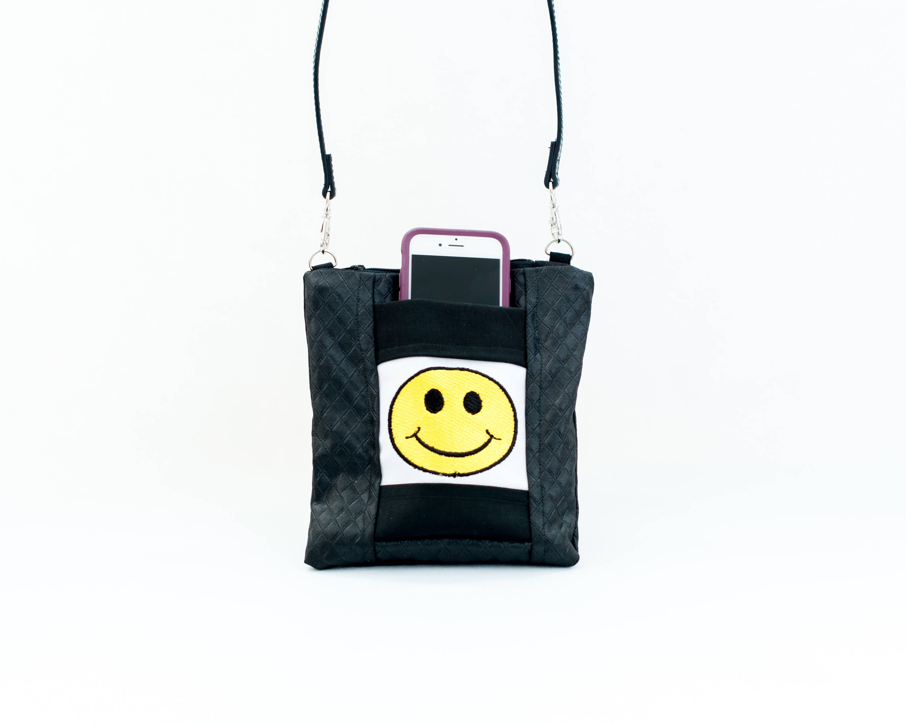 Emoji Smiley Face Phone Packet Faux Black Leather Crossbody Phone Pouch ...