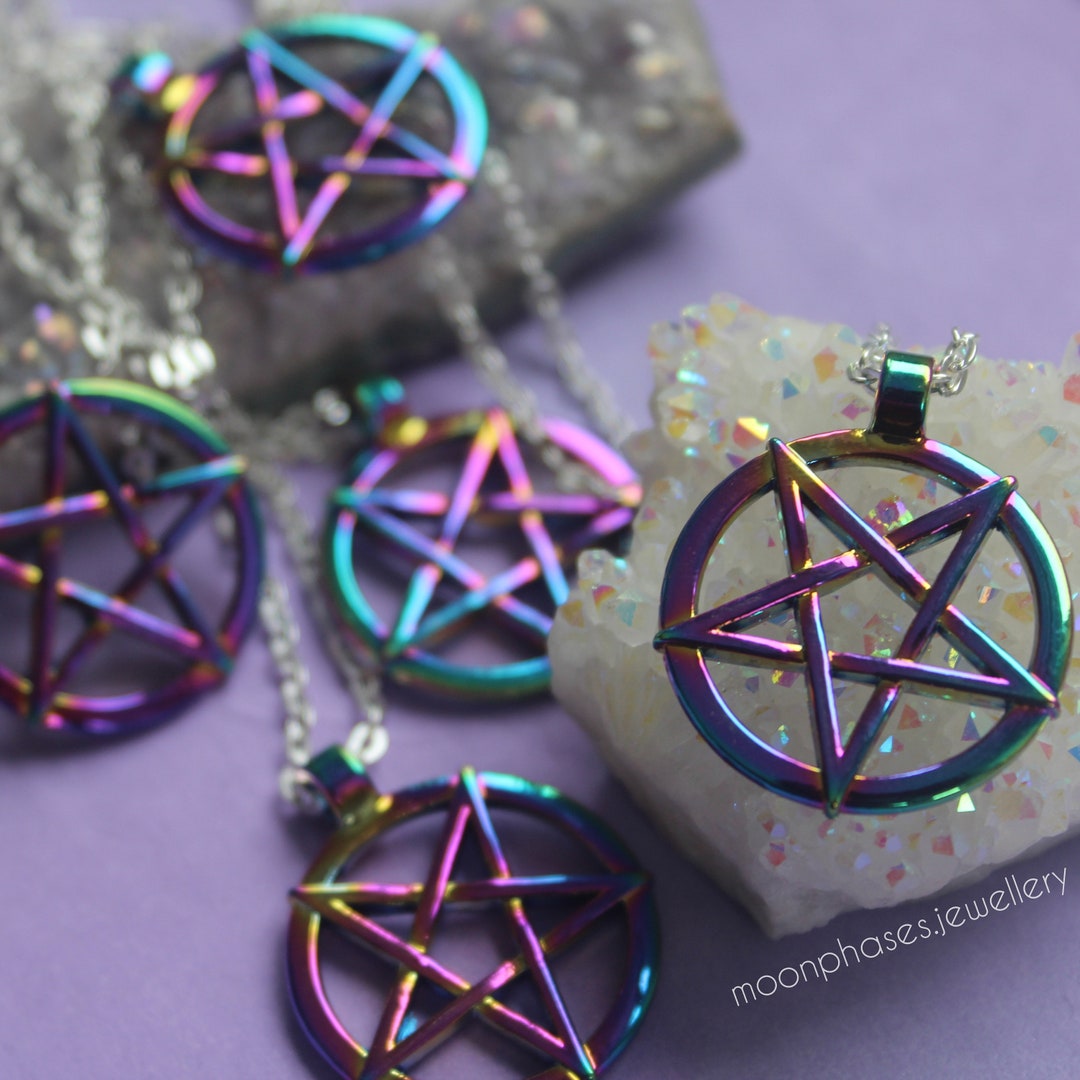 Titanium Inverted Pentagram Necklace / Oil Slick Pendant / Anodized Titanium Pentacle Necklace ...