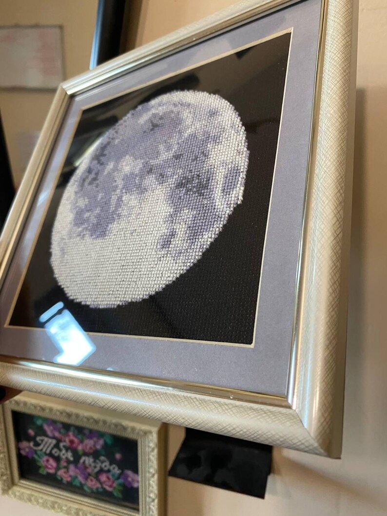 Moon Cross Stitch / Moon Picture / Ready to Ship Framed Artwork / Gift ...