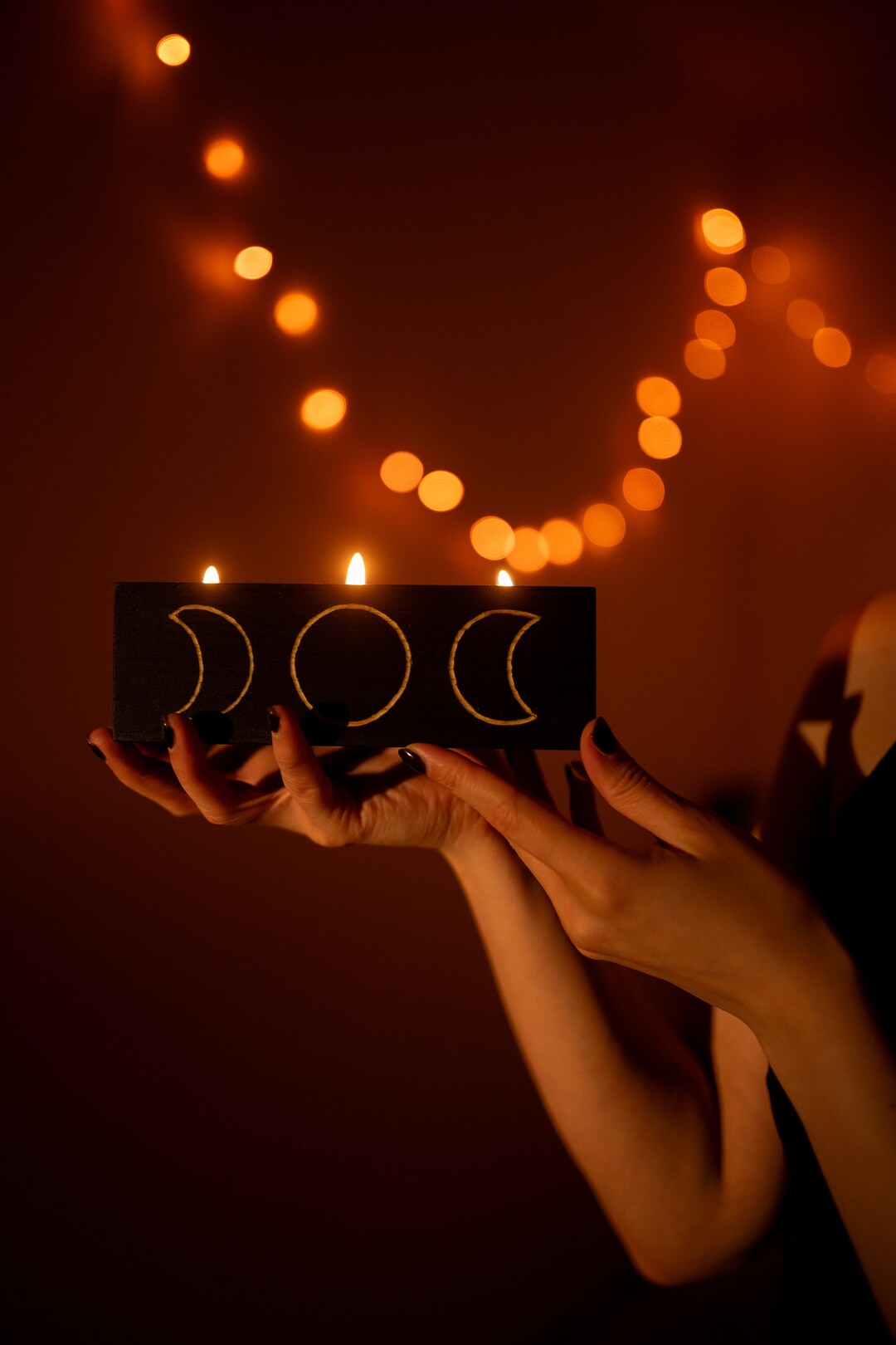 Triple Goddess Candle Holder / Black Wooden Tea Light Candle Holder ...