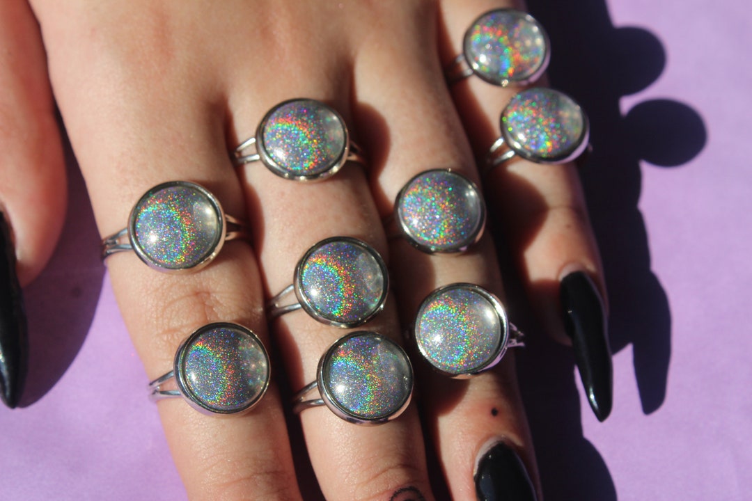 Holographic Ring / Adjustable Ring / Cabochon Ring / Rainbow Glitter ...