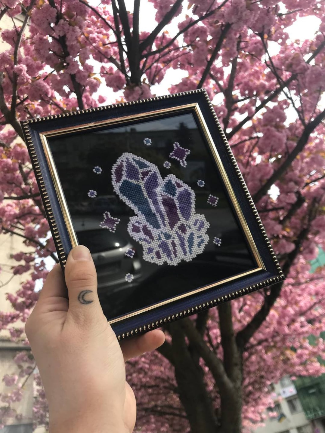 Goth Cross Stitch / Crystals Embroidery / Framed Cross Stitch / Wall ...