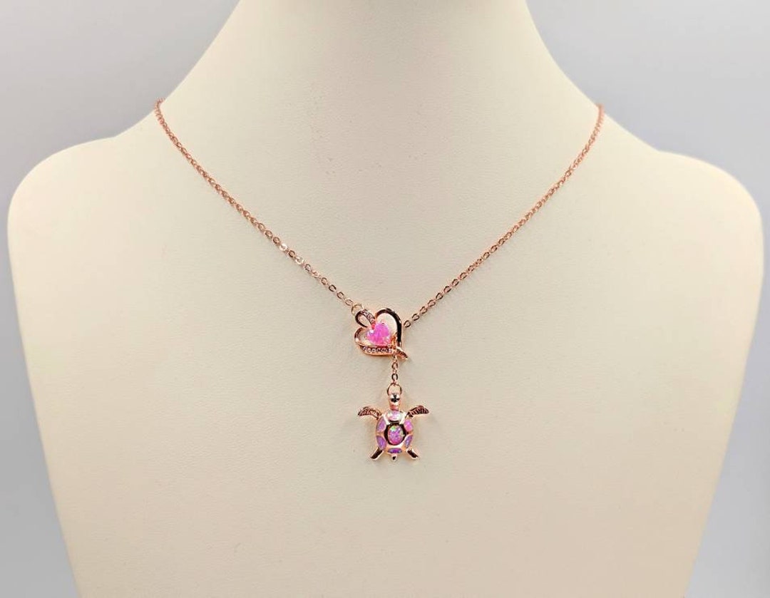Rose Gold Turtle Infinity Y Necklace With Heart Center; Pink Opal ...