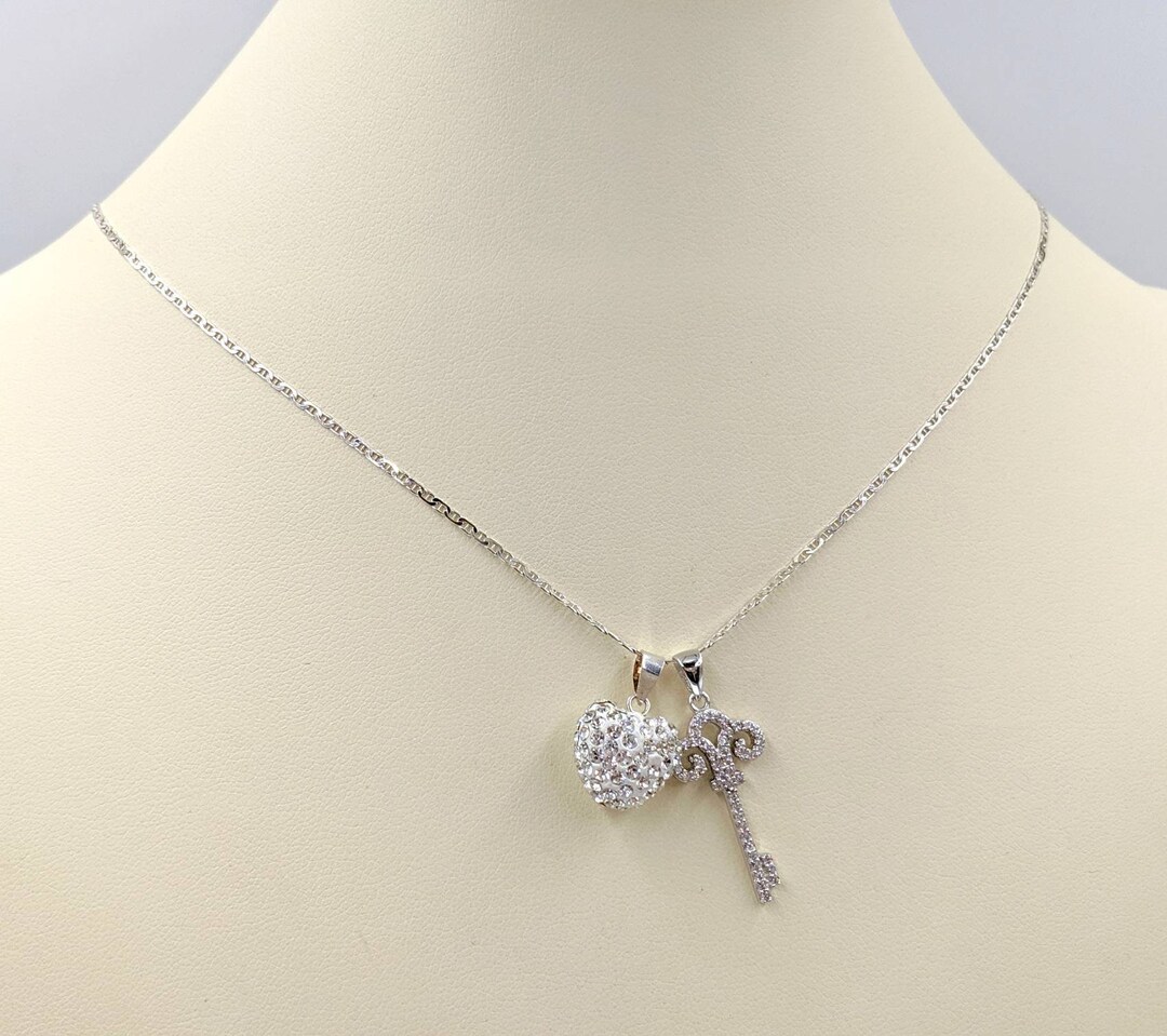 925 CZ Pave Key & Heart Necklace; Silver Key Pendant; Key to My Heart ...