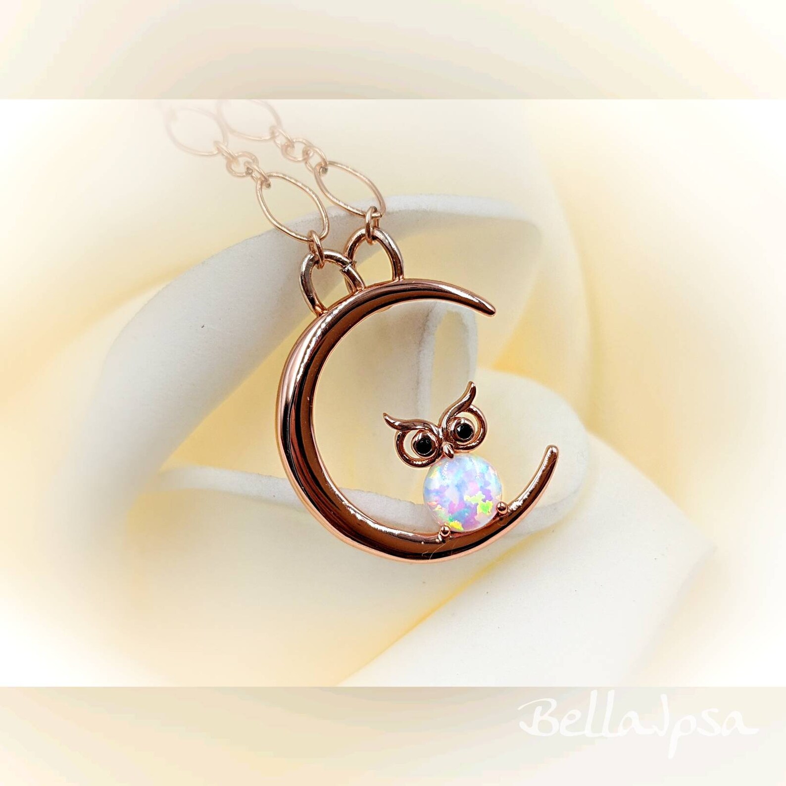 Rose Gold White Opal Owl in the Moon Necklace; Rose Gold and 925 Opal ...