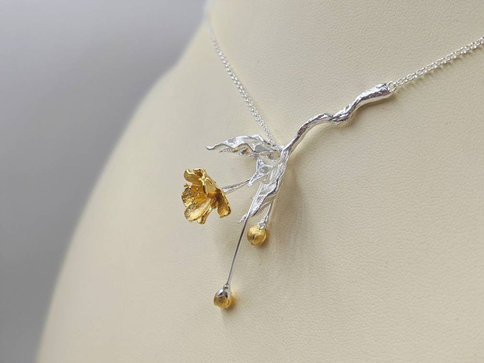 Two Tone Begonia Flower Necklace; 925 Hanging Flower Necklace on Silver ...