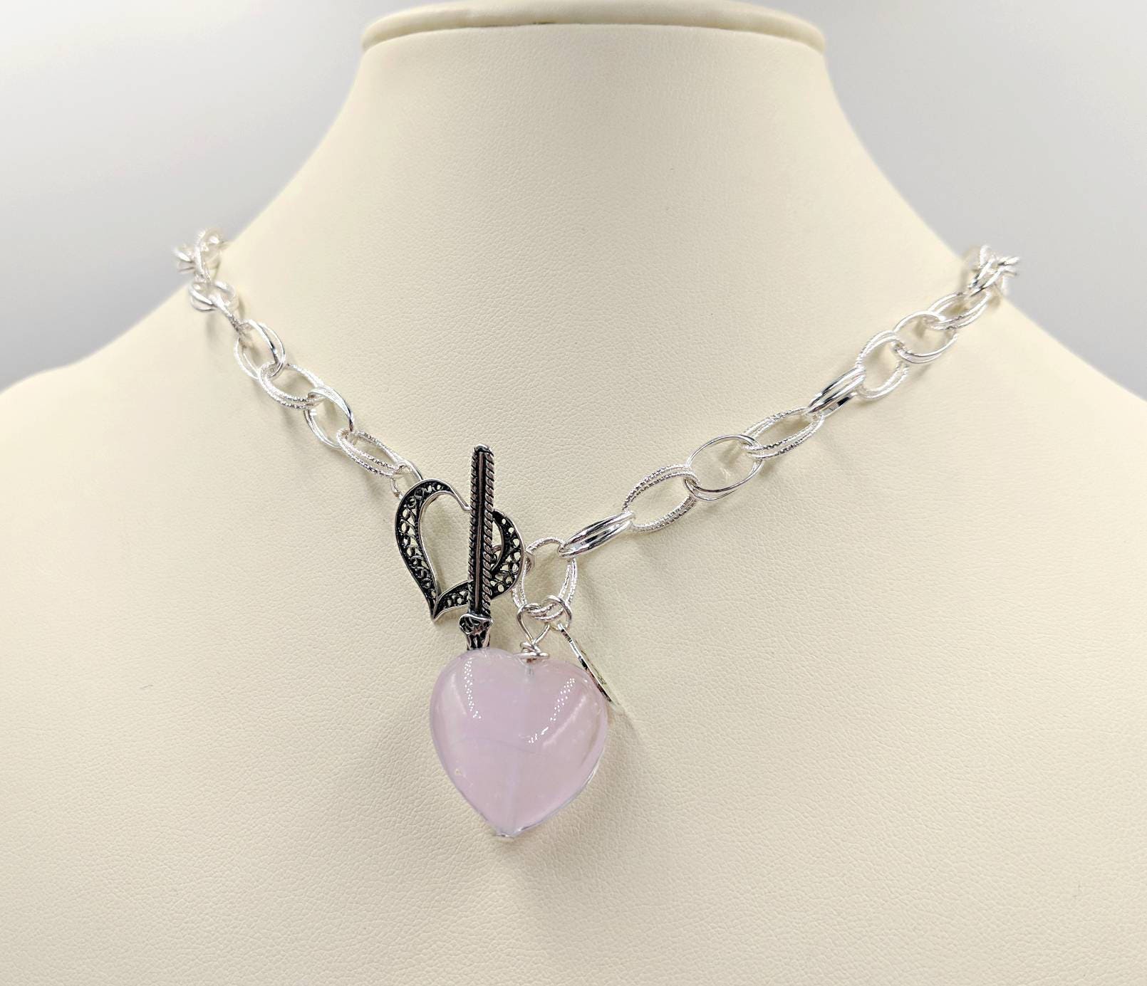 Pink Heart Toggle Necklace Sterling Fancy Double Link Chain | Etsy
