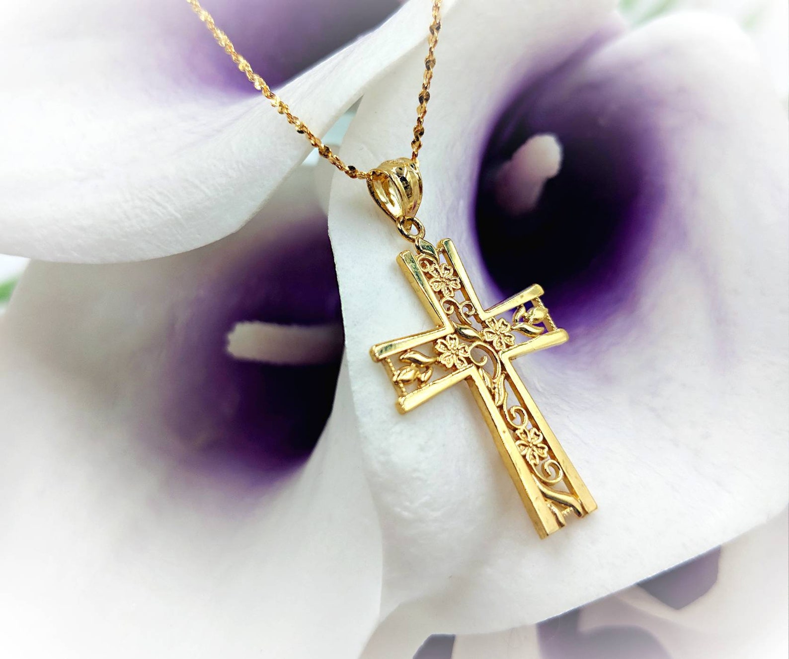 Gold Cross Necklace; Gold Plated 925 Sterling Silver Filigree Cross ...
