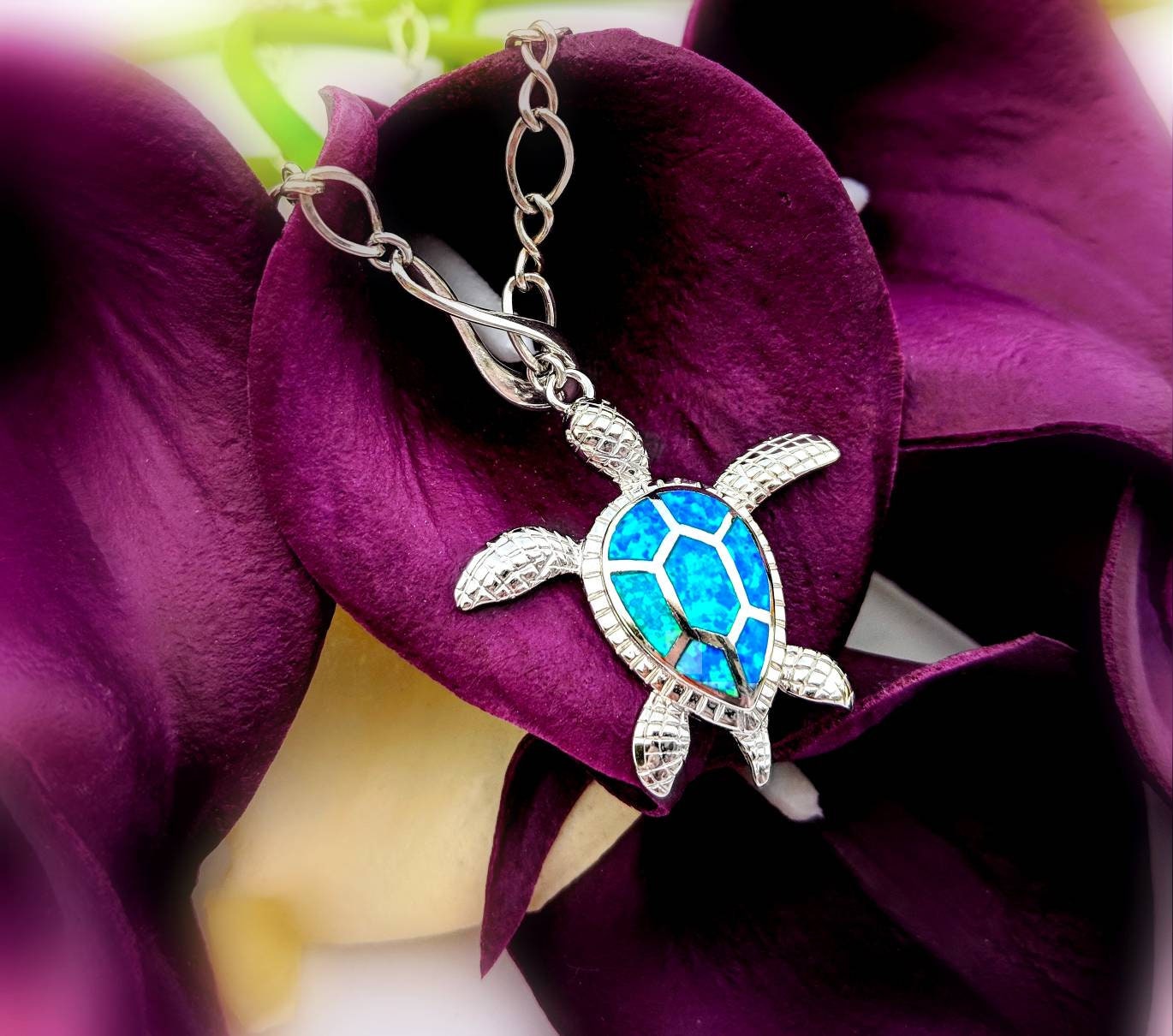 Sea Turtle Infinity Lariat Necklace Blue Fire Opal 925 Turtle | Etsy