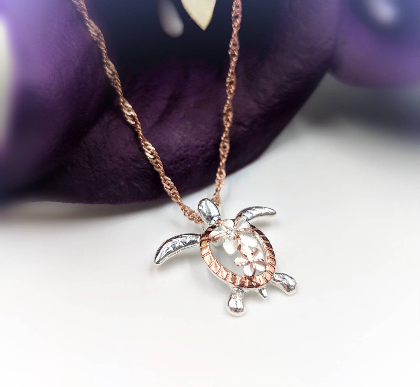 Two Tone Turtle Rose Gold Turtle Necklace With Hibiscus - Etsy